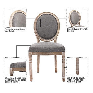 Kmax Farmhouse Dining Room Chairs, French Distressed Bedroom Chairs with Round Back, Elegant Tufted Kitchen Chairs, Set of 2, Gray