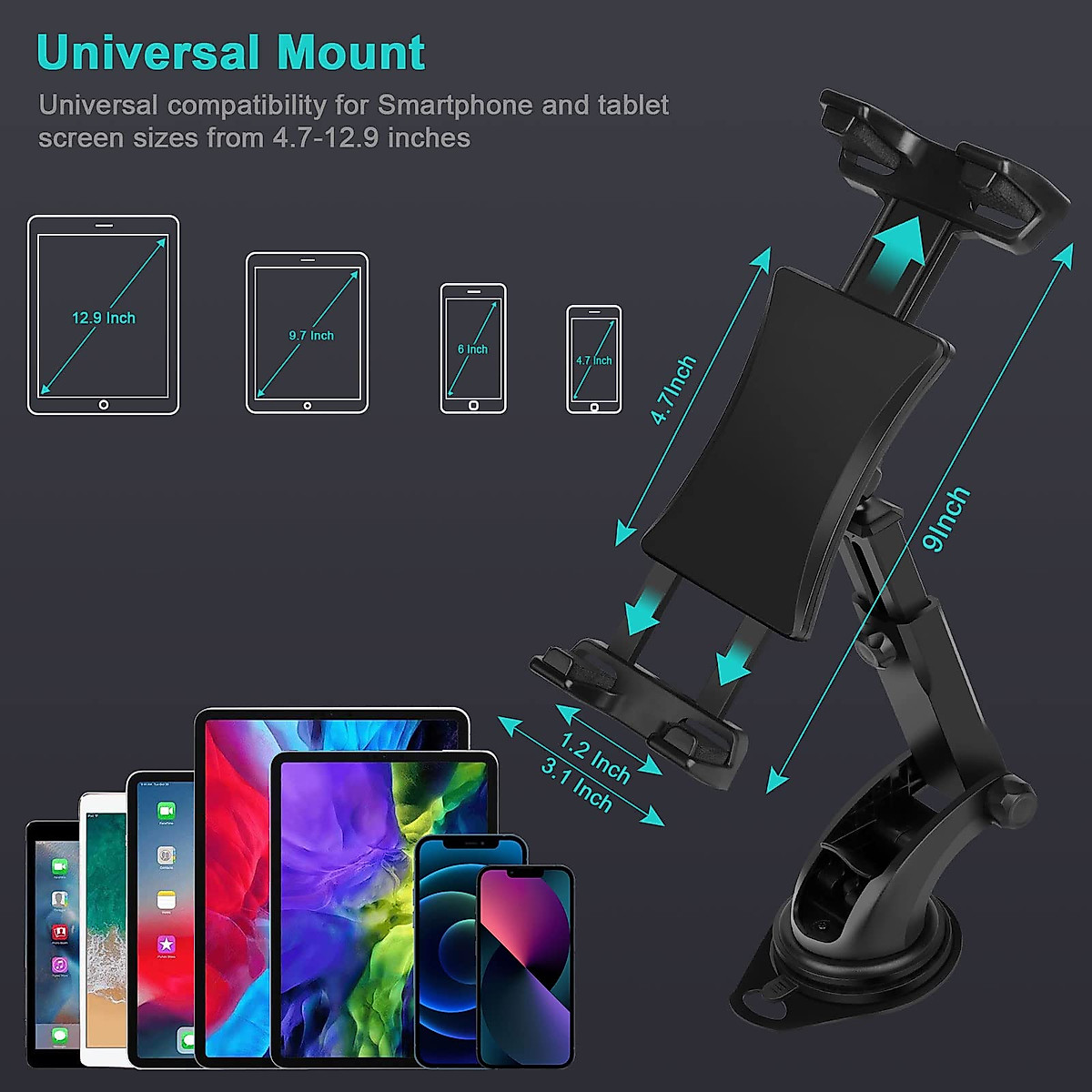 Car Dashboard & Windshield Tablet Mount Holder, 360° Rotation Window Dash Stand for iPad Pro 12.9/11/10.5/9.7/Air/Mini, Samsung Galaxy Tab, 4.7-12.9" Tablets & Phone, TPU Suction Cup Sticky Gel & Pad