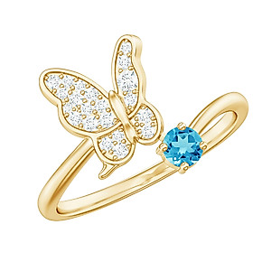 Rosec Jewels Natural Swiss Blue Topaz Diamond Promise Ring for Women, AAA Quality, Cute Butterfly Ring - Ready to Gift, 14K Yellow Gold, Size:US 3.00
