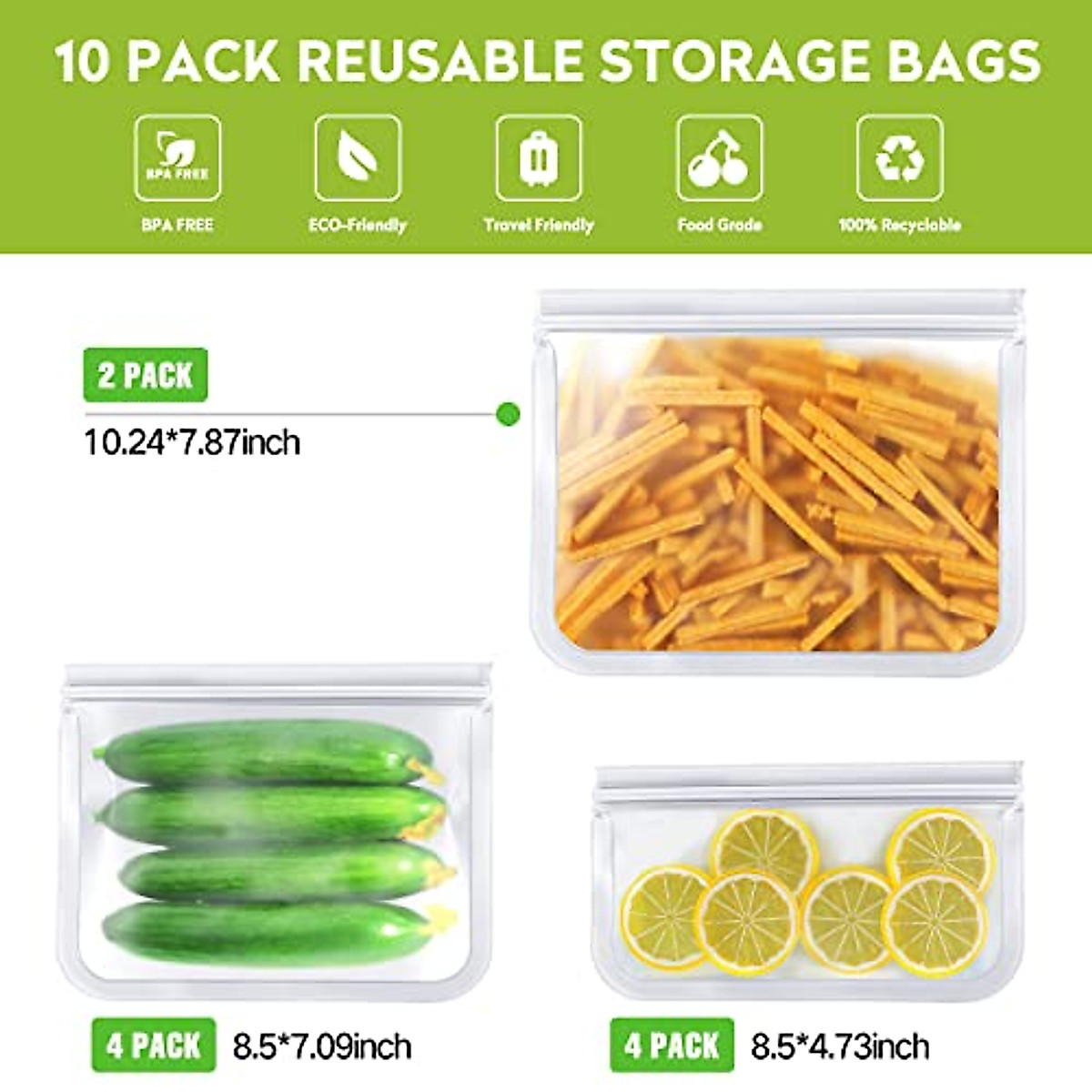 Reusable Food Storage Bags Leakproof, 10 Pack BPA Free Reusable Freezer Bags Resuable Sandwich Bags Food Grade Reusable Snack Bags for Meat, Fruit, Snack, Home Organization