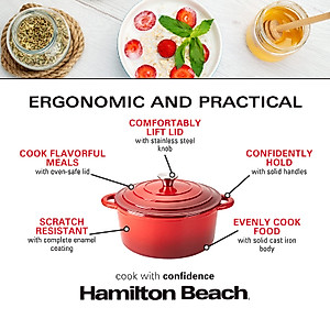 Hamilton Beach Enameled Cast Iron Dutch Oven 5.5-Quart Red, Cream Enamel Dutch Oven Pot with Lid