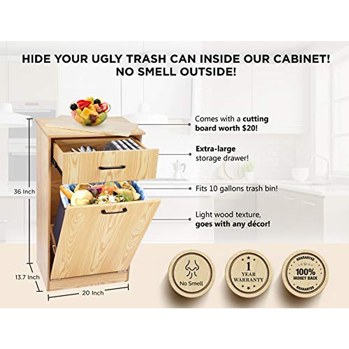 Tilt Out Trash Bin Cabinet Tilt Out Trash Can Cabinet Hide Away Kitchen Island Wooden Trash Can for Kitchen with Removable Cutting Board Wood Storage Drawer Indoor Trash Cabinet Holds Upto 10 Gallons