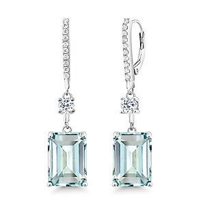 Gem Stone King 925 Sterling Silver Sky Blue Simulated Aquamarine Earrings | Gemstone Birthstone | Drop Dangle Earrings For Women | 14.24 Cttw | Emerald Cut 14X10MM