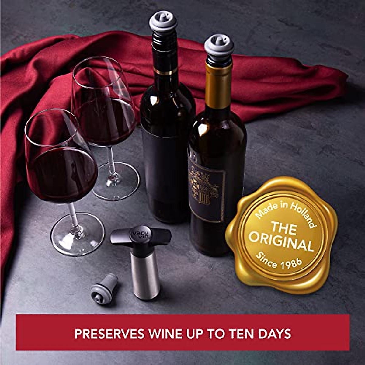 Vacu Vin Wine Saver Pump Stainless Steel with Vacuum Wine Stopper - Keep Your Wine Fresh for up to 10 Days - 1 Pump 1 Stopper - Reusable - Made in the Netherlands