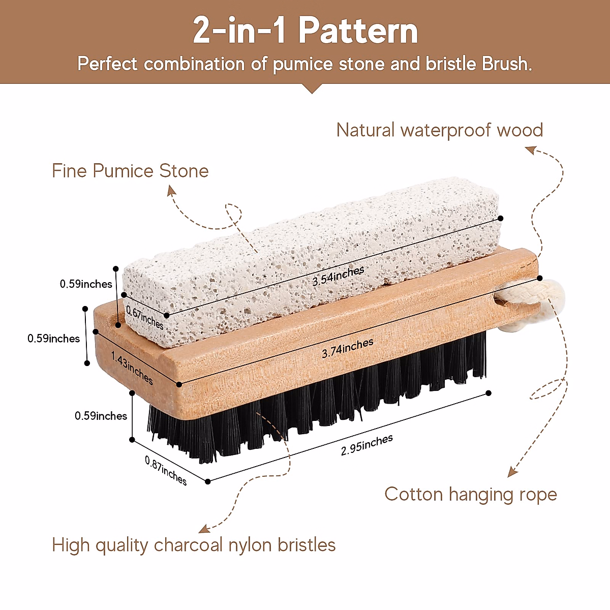 Foot Scrubber Brush with Pumice Stone for Feet Hands, Wooden Cleaning Fingernail Scrub Brush, Finger Toes Nails Cleaner Brushes with Stiff Bristles for Scrubbing Fingernails 2 in 1 Manicure Pedicure