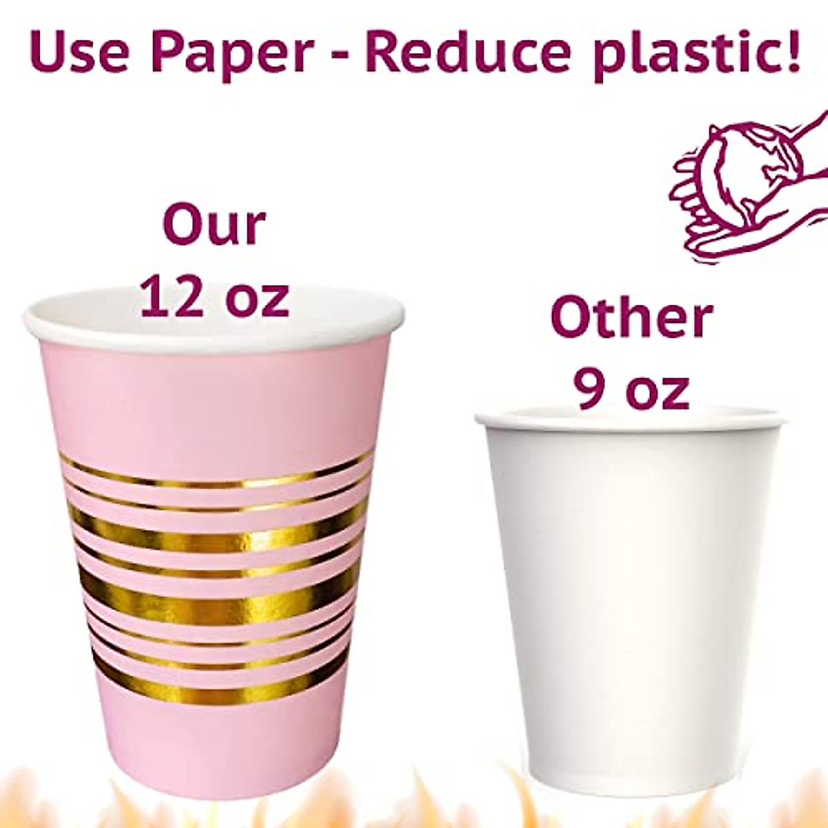 DiggHous KSG Elegant Light Pink and Gold Striped Paper Party Cups 12 oz - Pack of 50 Disposable Cups - Perfect for Bachelorette Baby Shower Birthdays - Hot and Cold Beverages