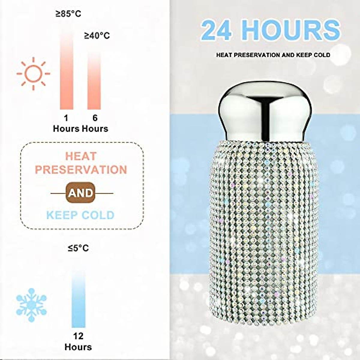 Diamond Water Bottle for Women Diamond Bling Water Bottle Rhinestone Stainless Steel Thermal Water Bottle 200 ML Vacuum Flask Sparking Refillable Insulated Water Bottle (Silver)