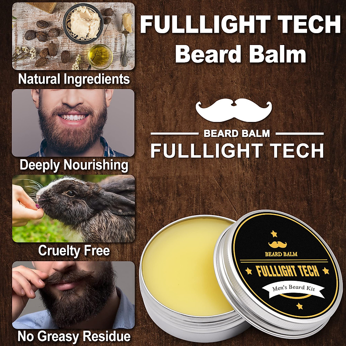 FULLLIGHT TECH Beard Balm, 2 Pack - Citrus Scent - Coconut, Argan, Jojoba Oils - Styles, Hydrates & Smooths Beards & Mustaches - Beard Styling Balm - Gifts for Men