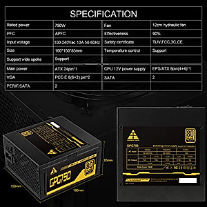 GOLDEN FIELD GPG750 Power Supply 750W Full Modular 80+ Gold Certified Computer PC ATX PSU 5 Years Warranty