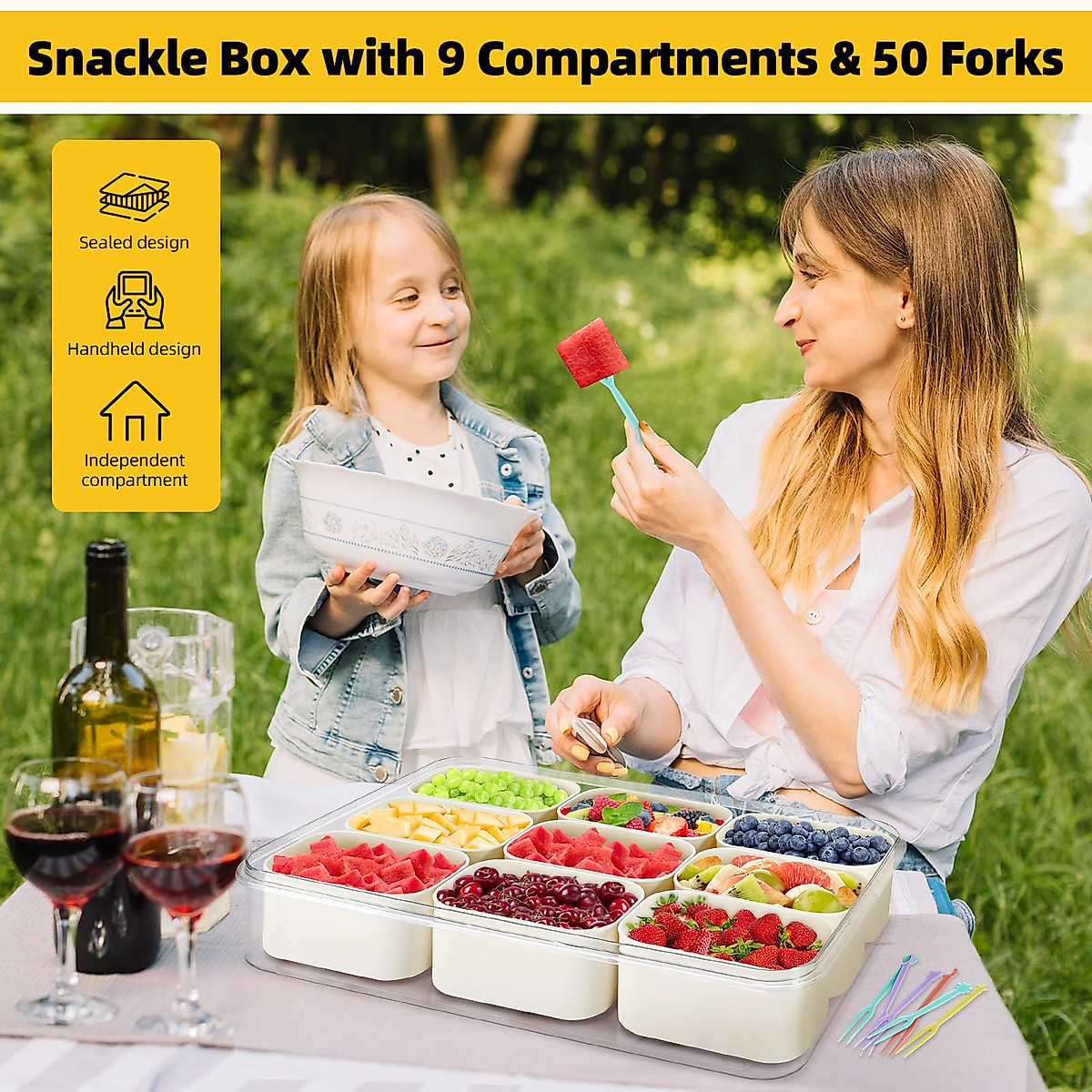 Portable Snackle Box Container with Lid and Handle, 9 Detachable Dividers Charcuterie Board Container Clear Organizer Food Storage for Fruits,Candy, Nuts- Perfect for Party, Travel & Picnic