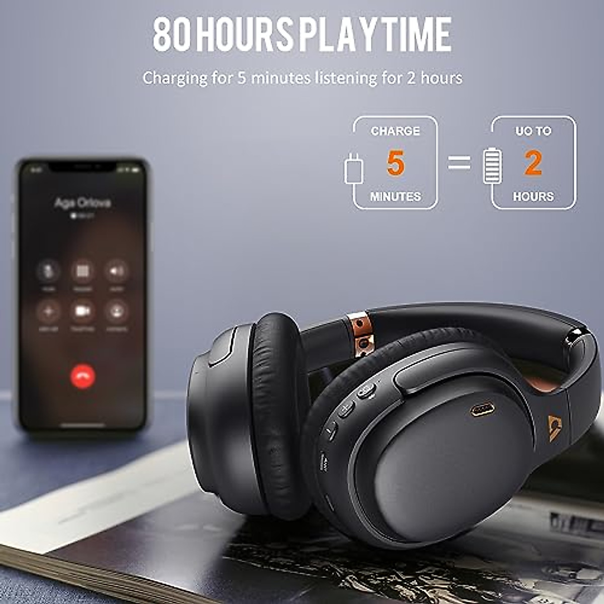 Active Noise Cancelling Headphones E600Pro, 80Hours Playtime Wireless Headphone with aptX Low Latency, Bluetooth Headphones with Built-in Microphone, Deep Bass Over-Ear Headphones (Black)