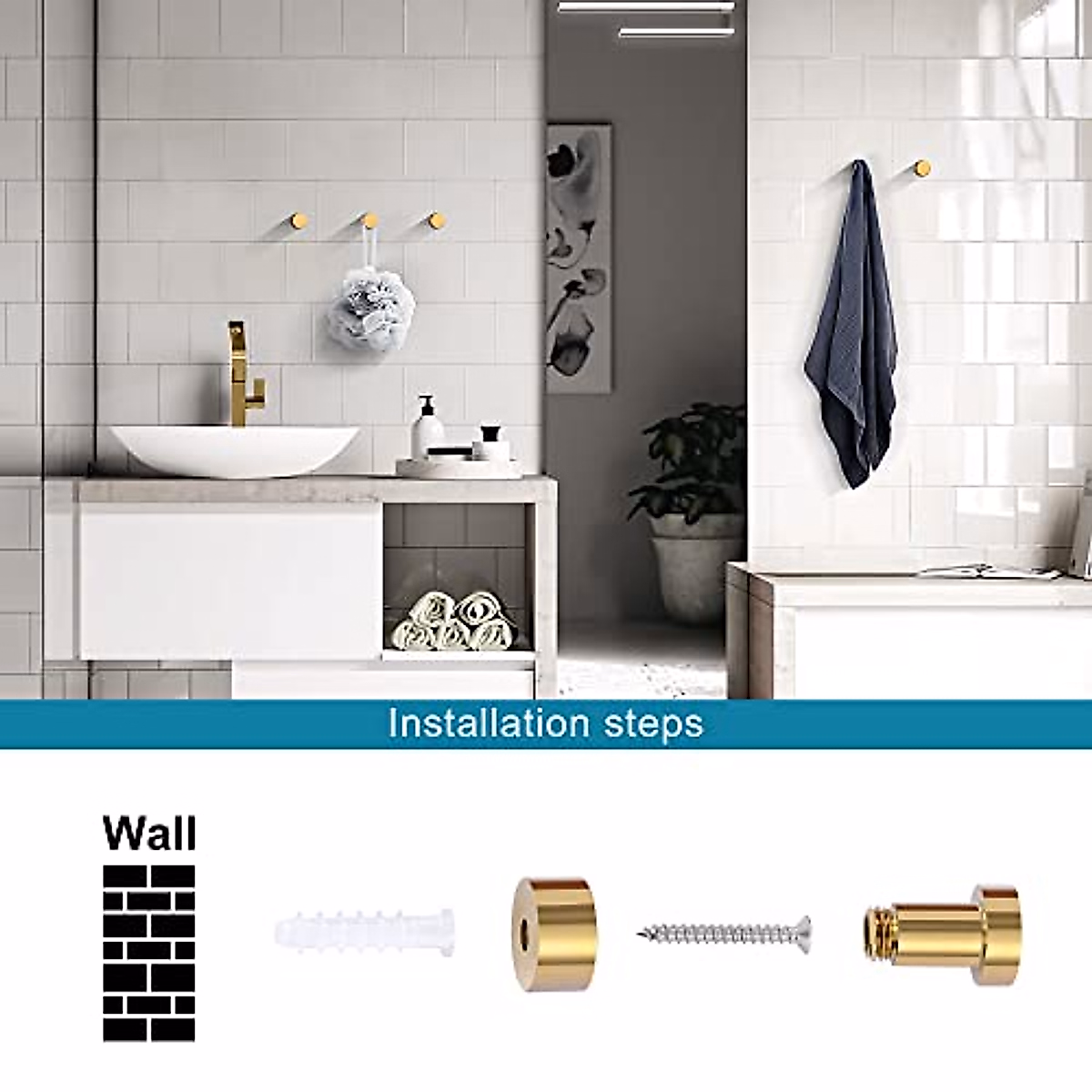 KZH Gold Robe Hook Brass Robe Hook Bathroom Robe Hook Coat Hook Clothes Hook for Bathroom and Kitchen,Garage,Hotel Wall Mounted,5 Packing (Gold)