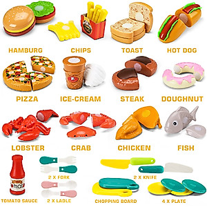 42 Items 87 Pcs Cutting Play Food Toy for Kids Kitchen Set,Pretend Cooking Fruit &Vegetables&Fast Food with Storage Basket,Fake Food for Toddler&Baby,Educational Gift for Girls Boys Children Birthday