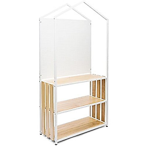 3 Tiered Shelving Display with Iron Frame, Pegboard Panel Shelving Unit, Paulownia Wood - Ivory