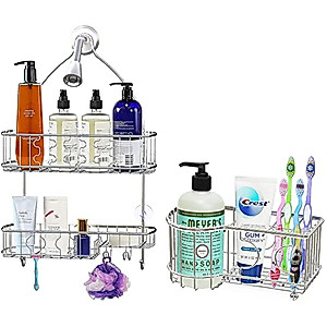 Simple Houseware Bathroom Hanging Shower Head Caddy Organizer + Multi-Functional 6 Slots Toothbrush Holder, Chrome