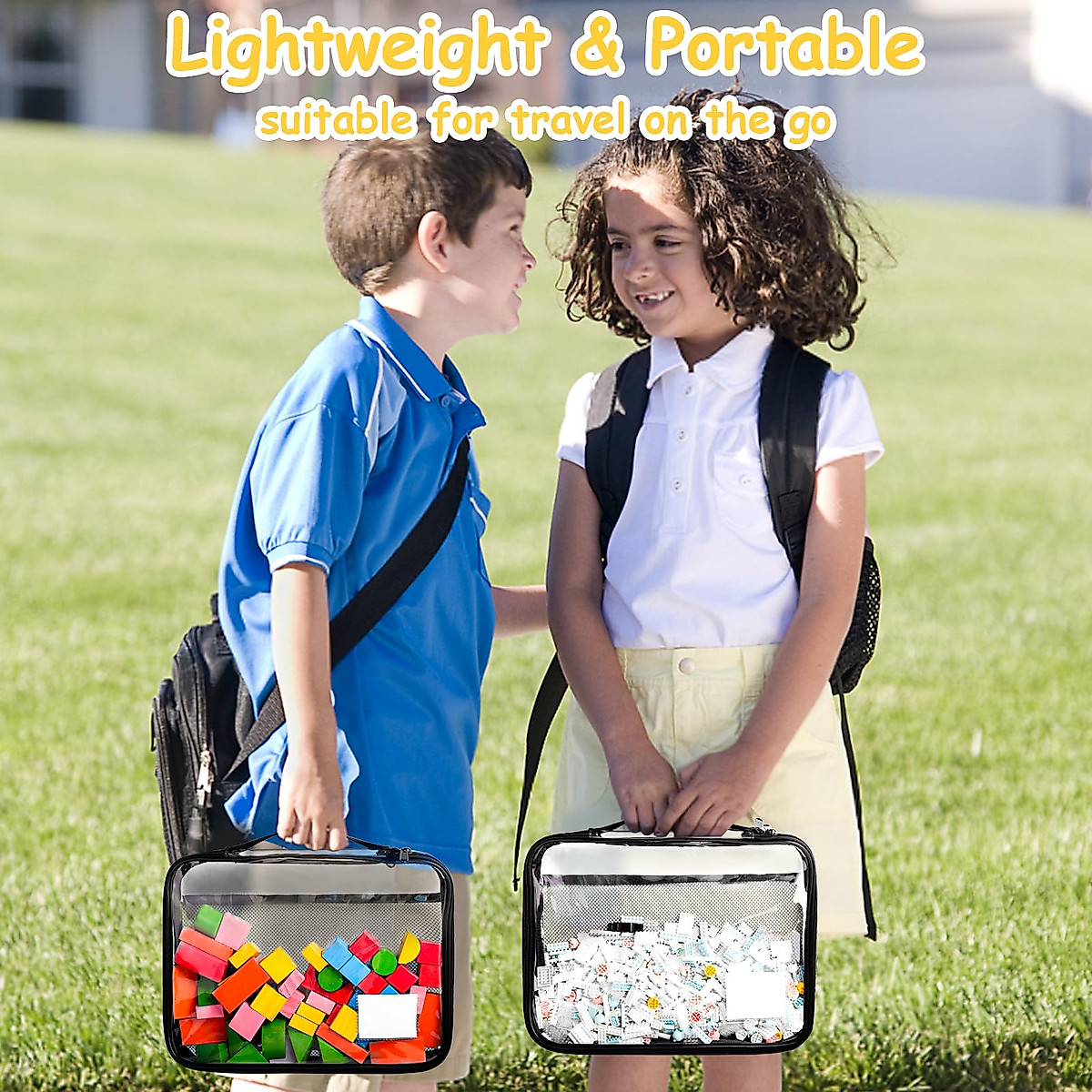 Partreko 2 Packs Clear PVC Zippered Blocks Set, Waterproof Toy Storage Organizer with Mesh Pocket and Label, Traveling Toy Bags with Handle for Board Games, Building Blocks, Toys, Large