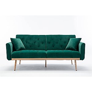 SZLIZCCC 63" Green Velvet Couch, Tufted Loveseat Sofa, Convertible Futon Sofa Bed, Accent Sofa Recliner, Golden Metal Legs, 2 Couch Pillows, Mid Century Modern Sofas for Home Living Room Bedroom