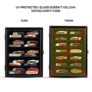 Pocket Knife Display Case for Wall Knife Collection Display Case with Patented Step Design and Removable Shelves to Use as Wall Mount Shadow Box Cabinet that Holds up to 20 Locking Knives Color Black
