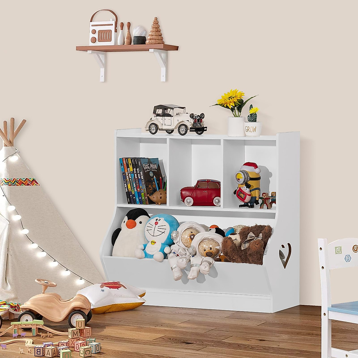Lerliuo Kids Storage Organizer, Children Small Bookcase and Bookshelf, Toddler 4 Cubby Cabinet, Wood Book Shelf for Playroom, Bedroom, Living Room, Nursery, School (White)
