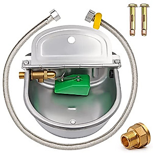 KHEARPSL Automatic Waterer Bowl with Brass Float Valve and Drain Hole, Stainless Steel Dog Livestock Water Bowl with Hose, Connector and Screws