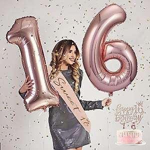 8pcs Sweet 16 Birthday Decorations for Girls, Including 16th Happy Birthday Cake Toppers, Birthday Queen Sash with Pearl Pin, Sweet Rhinestone Tiara Crown, Number Candles and Balloons Set, Rose Gold