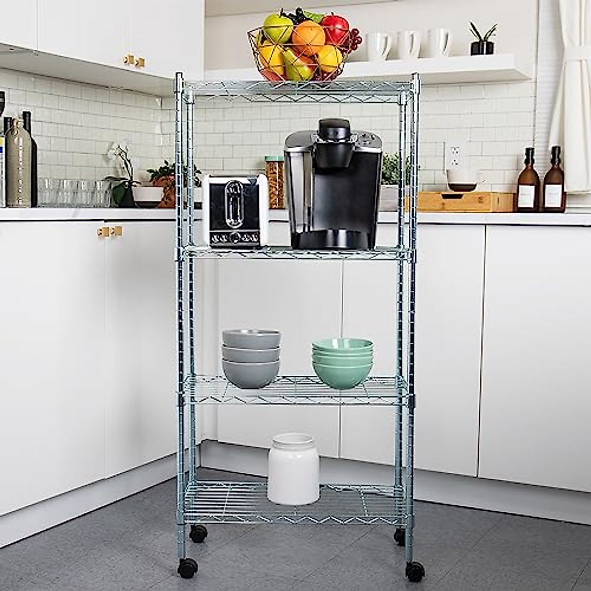 Mind Reader Alloy Collection Adjustable 4-Tier Industrial Storage Shelves with Wheels, Metal, 23.25" L x 13.5" W x 49.5" H, Silver
