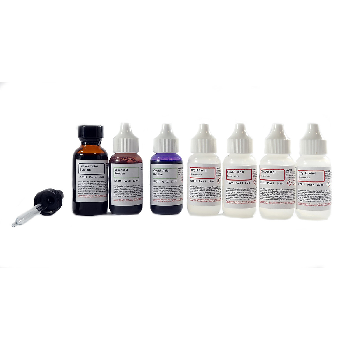 Gram Stain Kit, 7 Dropper Bottles - Crystal Violet (30mL), Safranin O 1.0% (30mL), Potassium Iodide 1.85% (30mL), 95% Denatured Ethyl Alcohol (4x25mL) - Includes Instructions - Innovating Science