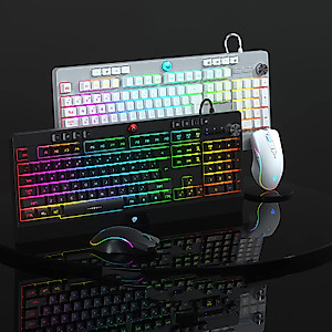 USB Wired Gaming Keyboard Mouse Set, 104 Keys, 10 RGB Backlit Modes, 19 Keys Anti-Ghost Keyboard, 1200-7200 DPI Mouse (White)