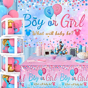 Baby Gender Reveal Party Decorations - Pink Blue Balloon Arch Garland Kits With 4pcs Baby Boxes, Gender Reveal Backdrop and Tablecloths for Baby Shower, Boy or Girl Gender Reveal Party Ideas Supplies