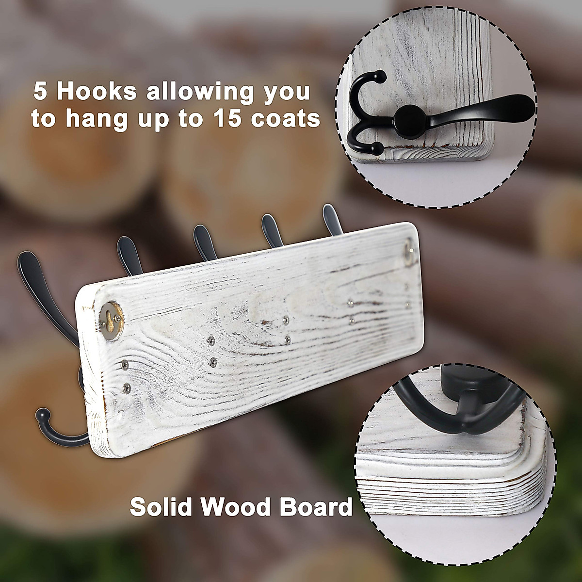 Dseap Coat Rack Wall Mounted - 5 Tri Hooks, Heavy Duty, Wooden Wall Coat Hanger Coat Hook for Clothes Hat Jacket Clothing, Natural & Black, 2 Packs
