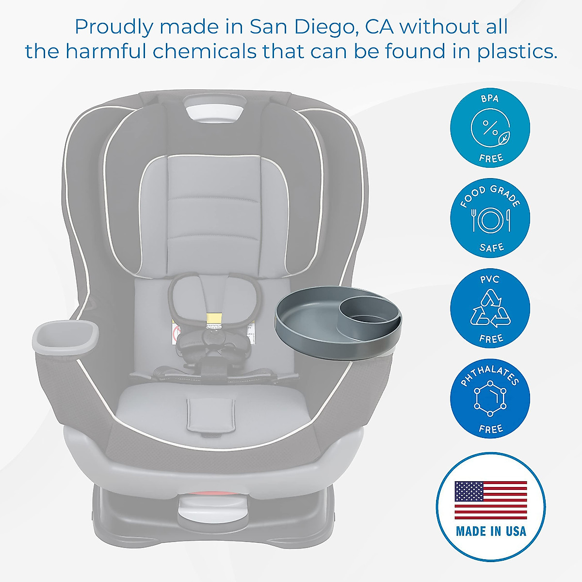 My Travel Tray – for Cup Holder (Gray) Made in USA - Car Journey Must – Insert into Cupholders Found on Car Seats, Booster, Strollers & Your car Cup Holder