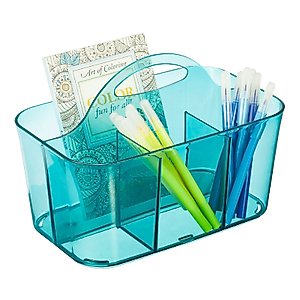mDesign Plastic Portable Craft Storage Organizer Caddy Tote, Divided Basket Bin with Handle for Crafts, Sewing, Art Supplies - Holds Brushes, Colored Pencils - Lumiere Collection, Dark Aqua Blue Tint