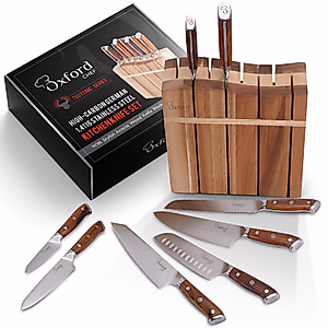 Kitchen Knife Set With Block: 8 Piece German 1.4116 High-Carbon Stainless Steel Knives - Full-Tang, Ergonomic Sandalwood Handles W/Stylishly Designed Acacia Wood Knife Block by Oxford Chef