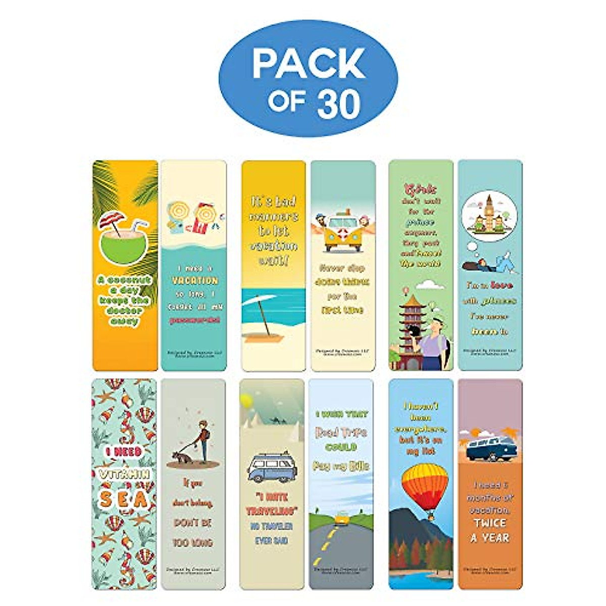 Creanoso Fun Travel Quotes Bookmarks (30-Pack) - Classroom Reward Incentives for Students and Children - Stocking Stuffers Party Favors & Giveaways for Teens & Adults
