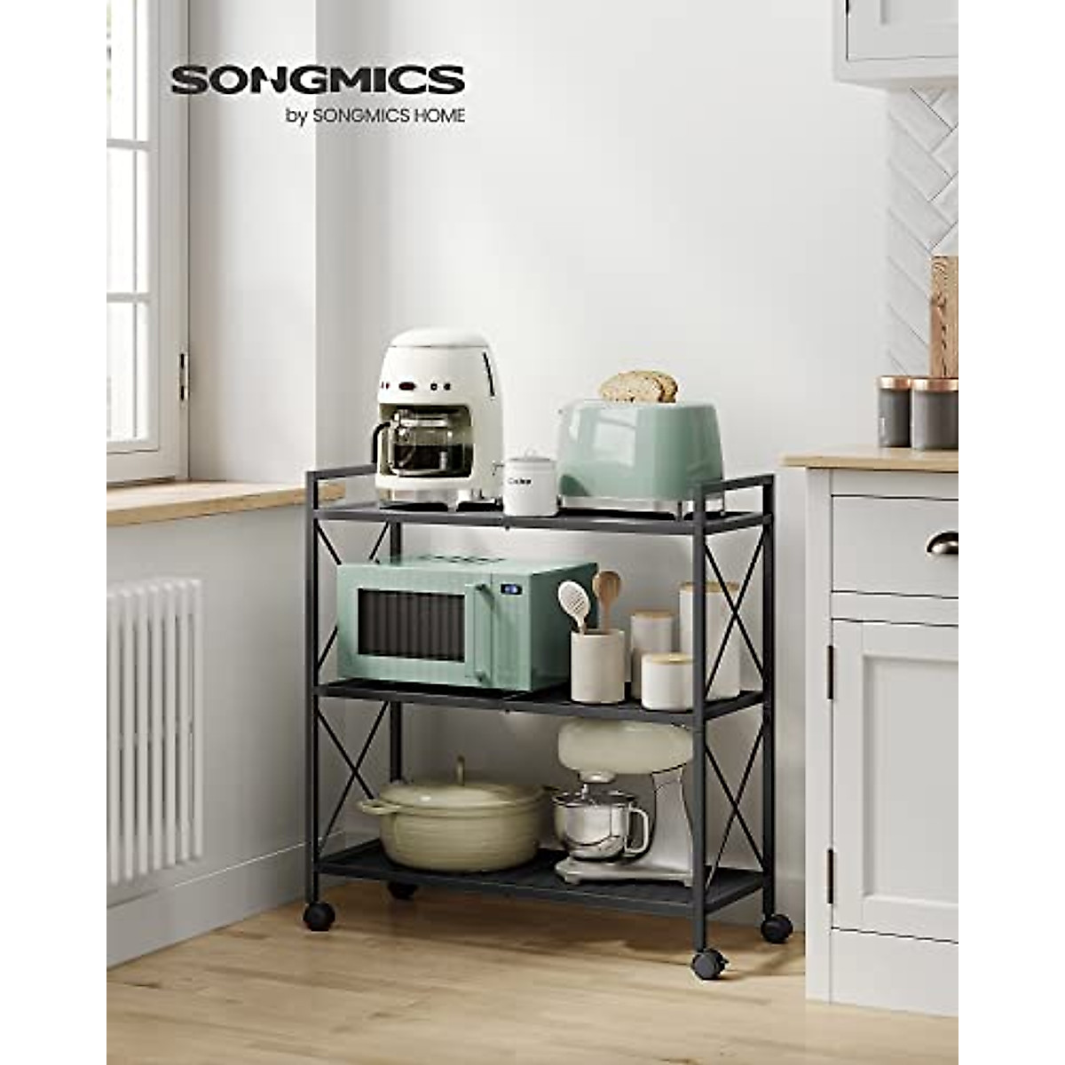 SONGMICS 3-Tier Metal Storage Rack with Wheels, Mesh Shelving Unit with X Side Frames, 31.5-Inch Width, for Entryway, Kitchen, Living Room, Bathroom, Industrial Style, Black UBSC183B01