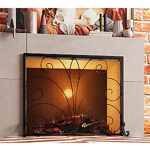 Fire Beauty Fireplace Screen,Handcrafted Wrought Iron Decorative Mesh,Flat Guard Metal Furnace Fireguards Mesh,Fireguards Safe Spark Protector for Living Room,Wood Burning Stove Accessories (Black)