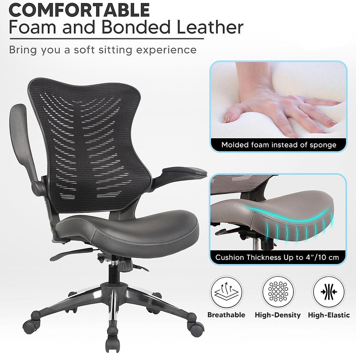 OFFICE FACTOR Executive Ergonomic Office Chair Back Mesh Bonded Leather Seat Flip-up Arms Molded Seat with a 55kg Foam Density Double Handle Mechanism You Can Lock The Back in Any Position (Black)