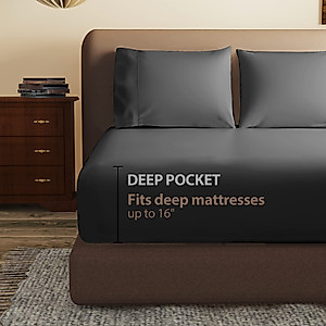 100% Egyptian Cotton Fitted Sheet Twin Size Black, 600 Thread Count, 8-16" Deep Pocket Sheet, Soft & Elastic Sateen Weave Bottom Sheet for Hotel & Home (Black, 1 Pack Fitted Sheet Only,Twin)