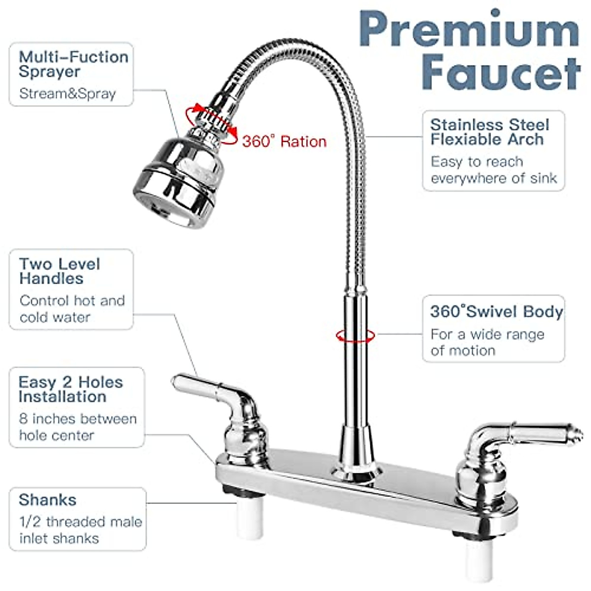 EXCELFU RV Kitchen Faucet, RV Sink Faucets for Kitchen with Flexible Arc 360 Degree Rotatable Sprayer, RV Kitchen Sink Faucet Replacement for Campers, RVs Motorhomes, Travel Trailers (8 inches Apart)