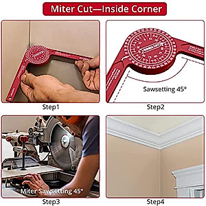 Miter Saw Protractor, XUNTOP 7-Inch Aluminum Miter Protractor with Mini Level Gauge Rust Proof Angle Finder Featuring Precision Laser Engraved Scales for Carpentry, Crown Molding, Baseboard, DIY-Red