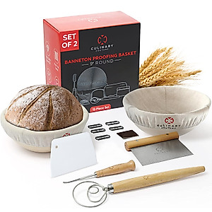 Culinary Couture Proofing Basket Set - Includes 2 Rattan Banneton Baskets & Linen Liners, Metal Scraper, Plastic Scraper, Scoring Lame, Dough Whisk, 5 Blades with Case - Complete Sourdough Starter Kit