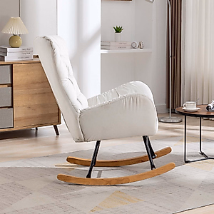 JEEOHEY Nursery Rocking Chair,Velvet Upholstered Glider Rocker Chair,Comfy Arm Chair,Modern Baby Rocking Accent Chair Indoor for Living Room, Bedroom,Office(Ivory)