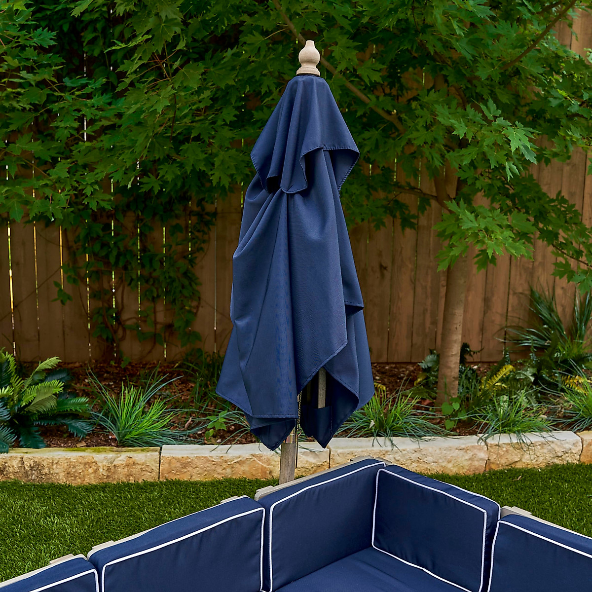 KidKraft Wooden Outdoor Sectional Ottoman & Umbrella Set with Cushions, Patio Furniture for Kids or Pets, Barnwood Gray & Navy