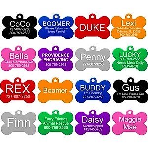 Providence Engraving Pet ID Tags in 8 Shapes, 8 Colors, and Two Sizes - Personalized Dog and Cat Tags with 4 Lines of Customizable Text