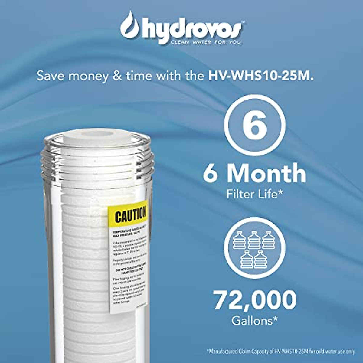 HYDROVOS 25-Micron 10" x 2.5" Whole House Water Filter, NSF 42 Certified Universal Fit 10 Inch Sediment Filter Replacement Cartridge for Standard RO Unit and Home Water Filtration Housing, 4 Packs