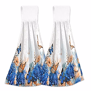 Butterflies Hanging Kitchen Towels Blue Flowers Floral Hand Towel 2PCS Dish Cloth Tie Towel Absorbent Oven Stove Washcloth with Loop for Bathroom Home Decorative