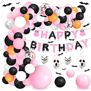 Halloween Pink Birthday Party Decorations Balloon Arch Foil Balloon Banner Bat Hanging Swirl for Halloween Happy Boo Day Baby Shower Party Supplies