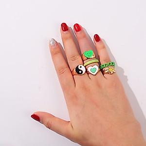 Y2K Resin Rings Colorful for Women Teen Girls,Chunky Rings Ying Yang Trendy Smiley Face Flower Heart Enamel Rings,Aesthetic Statement Stackable Ring Set Rings Jewelry (GREEN)