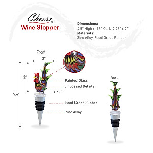 Cheers Rooster Glass Wine Stopper - Elegant Vacuum Seal Reusable Chicken Animal Farm Life Wine Bottle Stopper Airtight Leak Proof Bottle Topper Cork Plug, Cute Home Decor & Bar Tool Accessory Gift