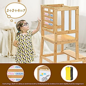 Cosyland Kids Kitchen Step Stool with Safety Rail -Toddler Kitchen Stool Helper Montessori Kids Learning Stool,Baby Standing Tower for Counter, Multi-Function with Abacus and whiteboard
